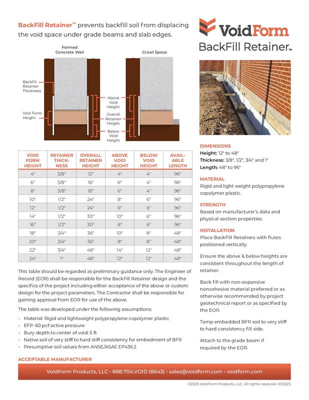 voidform inc BackFill Retainer backfill retainer | Gatti Morrison
